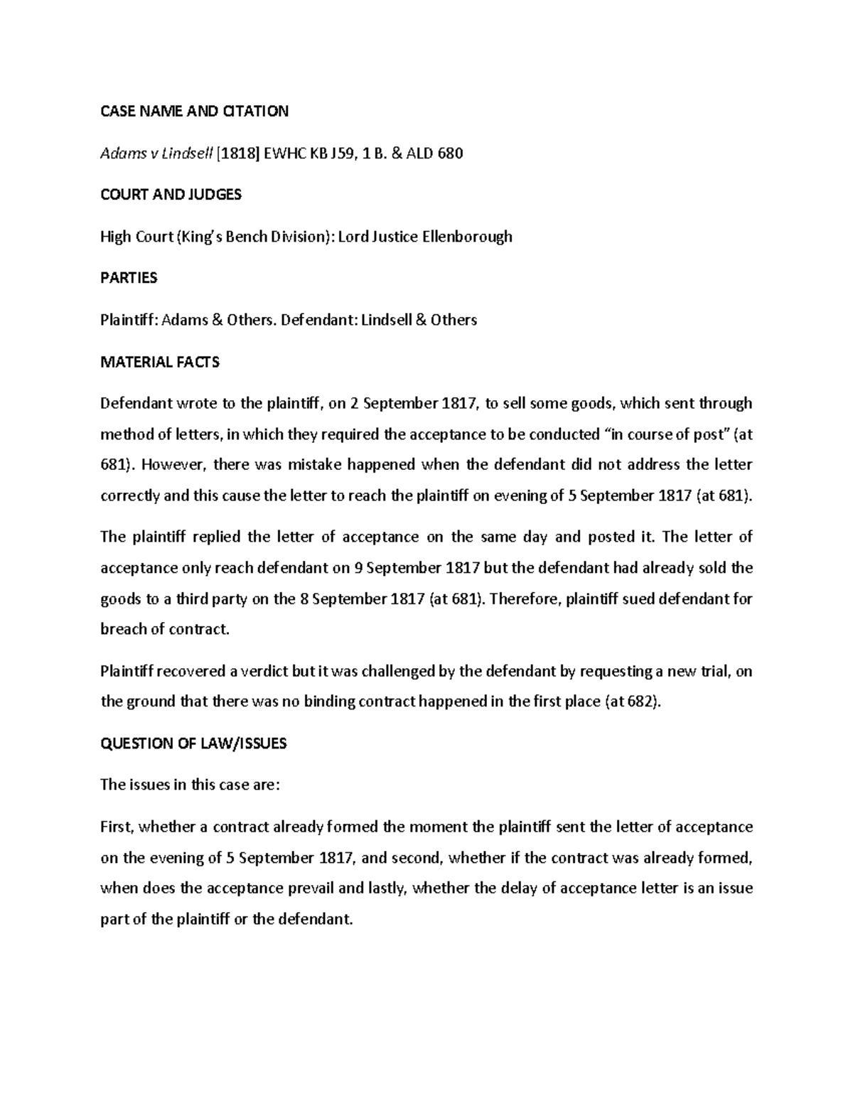Adams v Lindsell: Case Note on Binding Contract Formation - Studocu