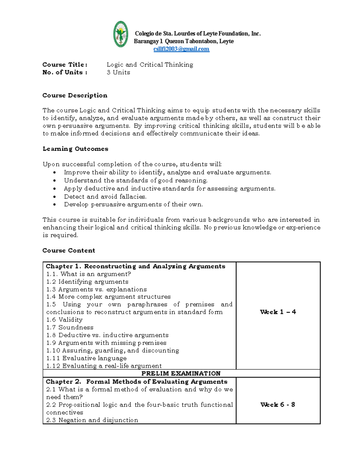 Logic and Critical Thinking Syllabus (3 Units) - Summary - Studocu