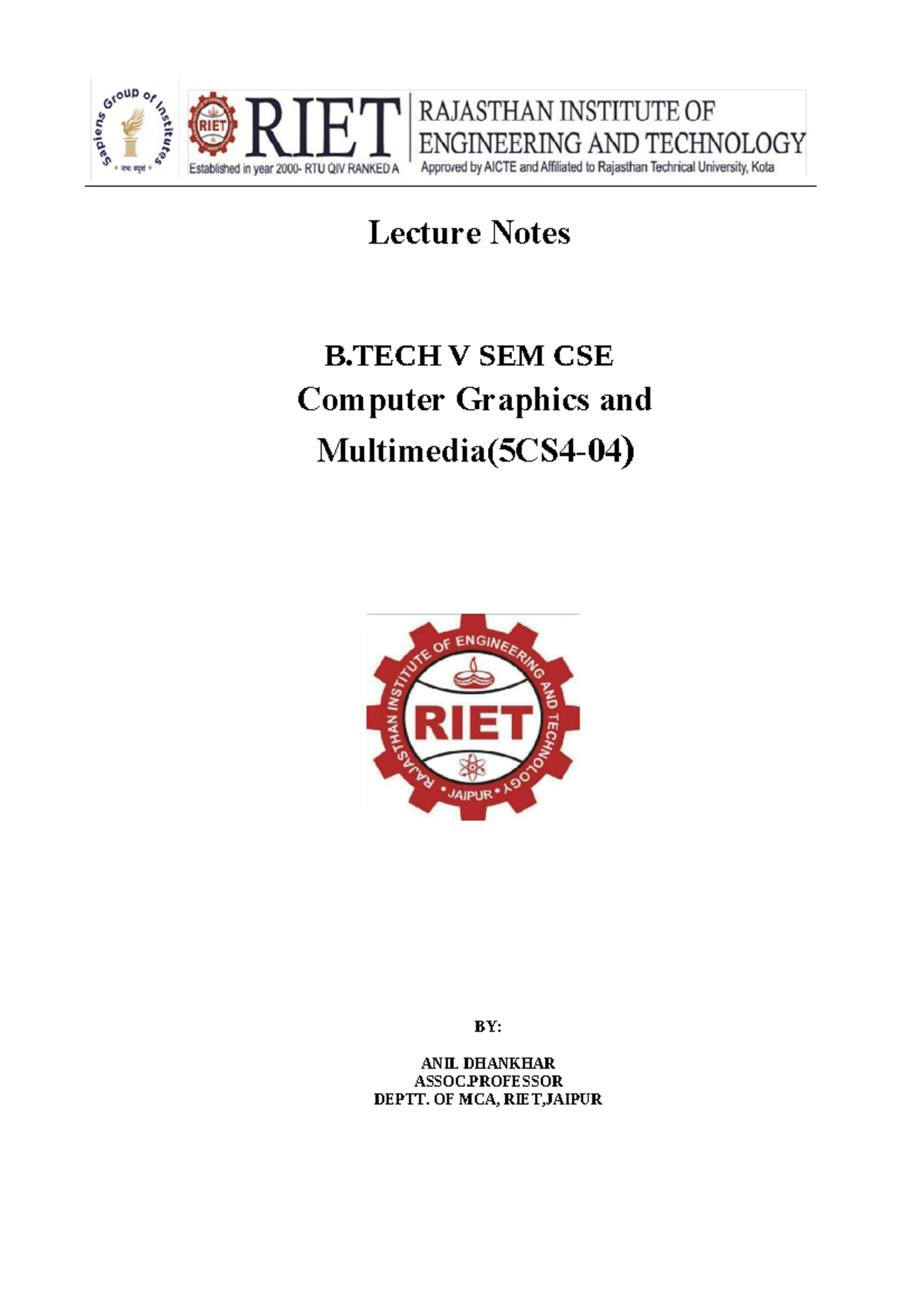 Lecture Notes: B.TECH V SEM CSE - Computer Graphics Overview - Studocu