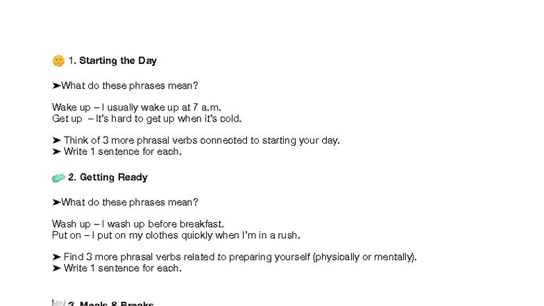 Routine Phrasal Verbs HW: Daily Activities & Meanings - Studocu