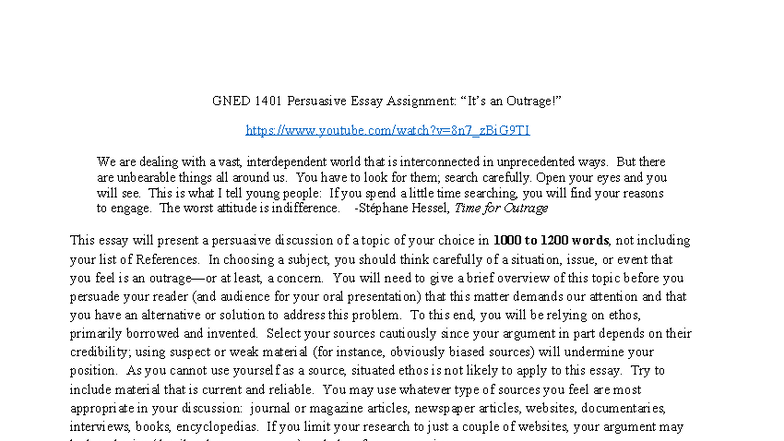 GNED 1401 Persuasive Essay Assignment: Engaging with Global Issues ...