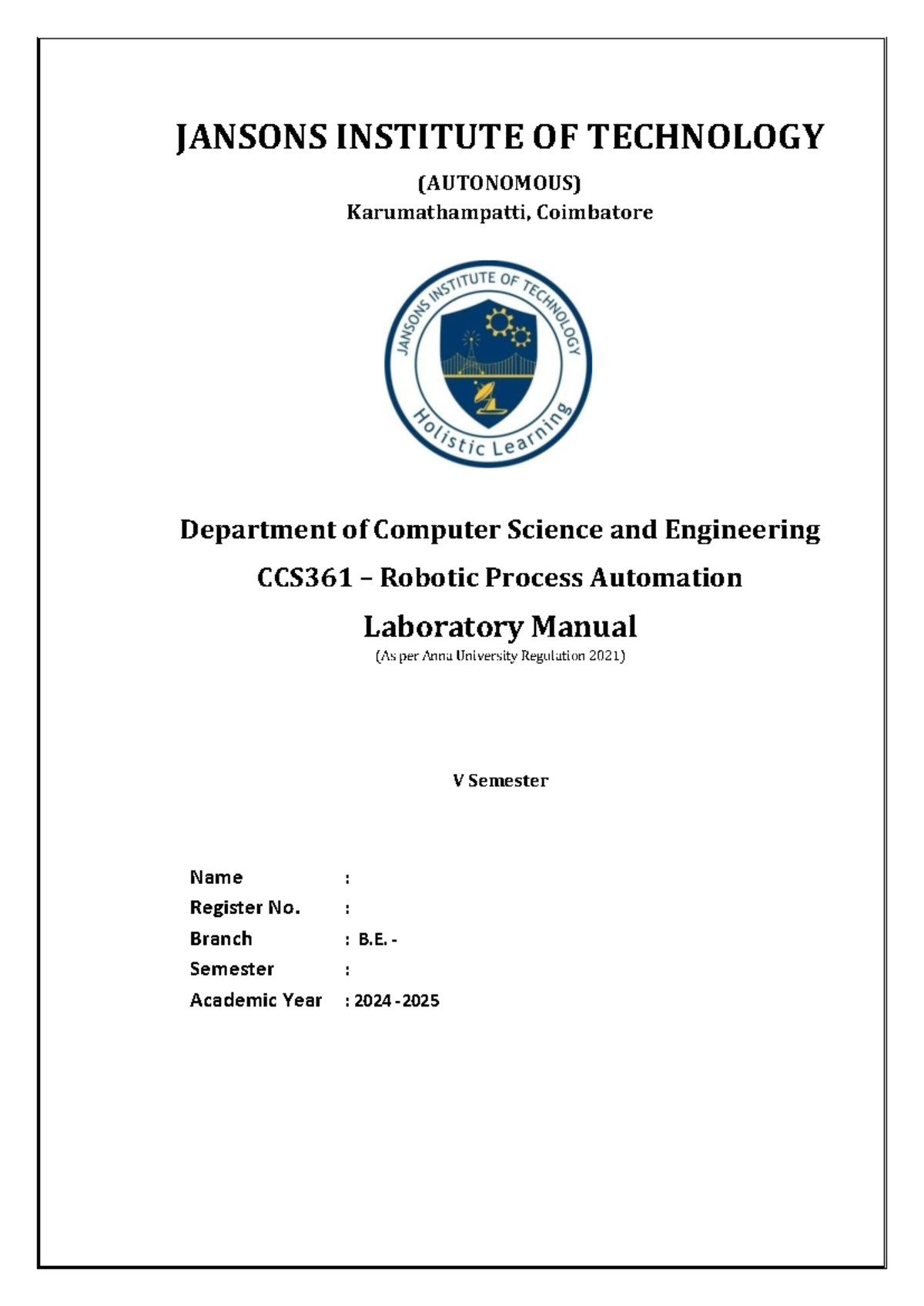 CCS361 Lab Manual: Robotic Process Automation Experiments Guide - Studocu