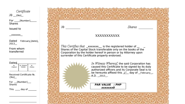 Stock Certificate Template for Shares Issued (2013) - Studocu