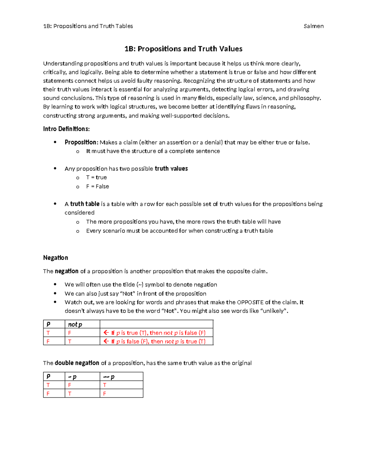 1B: Propositions and Truth Tables - Key Concepts and Examples - Studocu