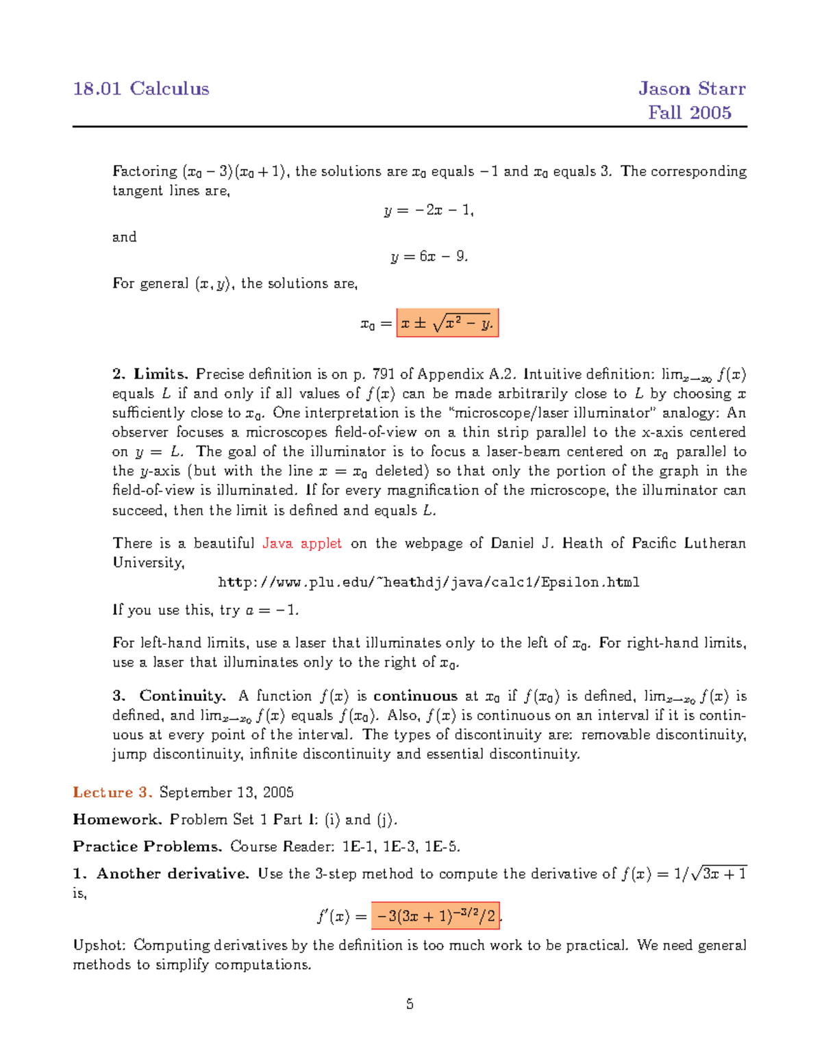 18.01 Calculus Lecture Notes: Limits and Continuity - Fall 2005 - Studocu