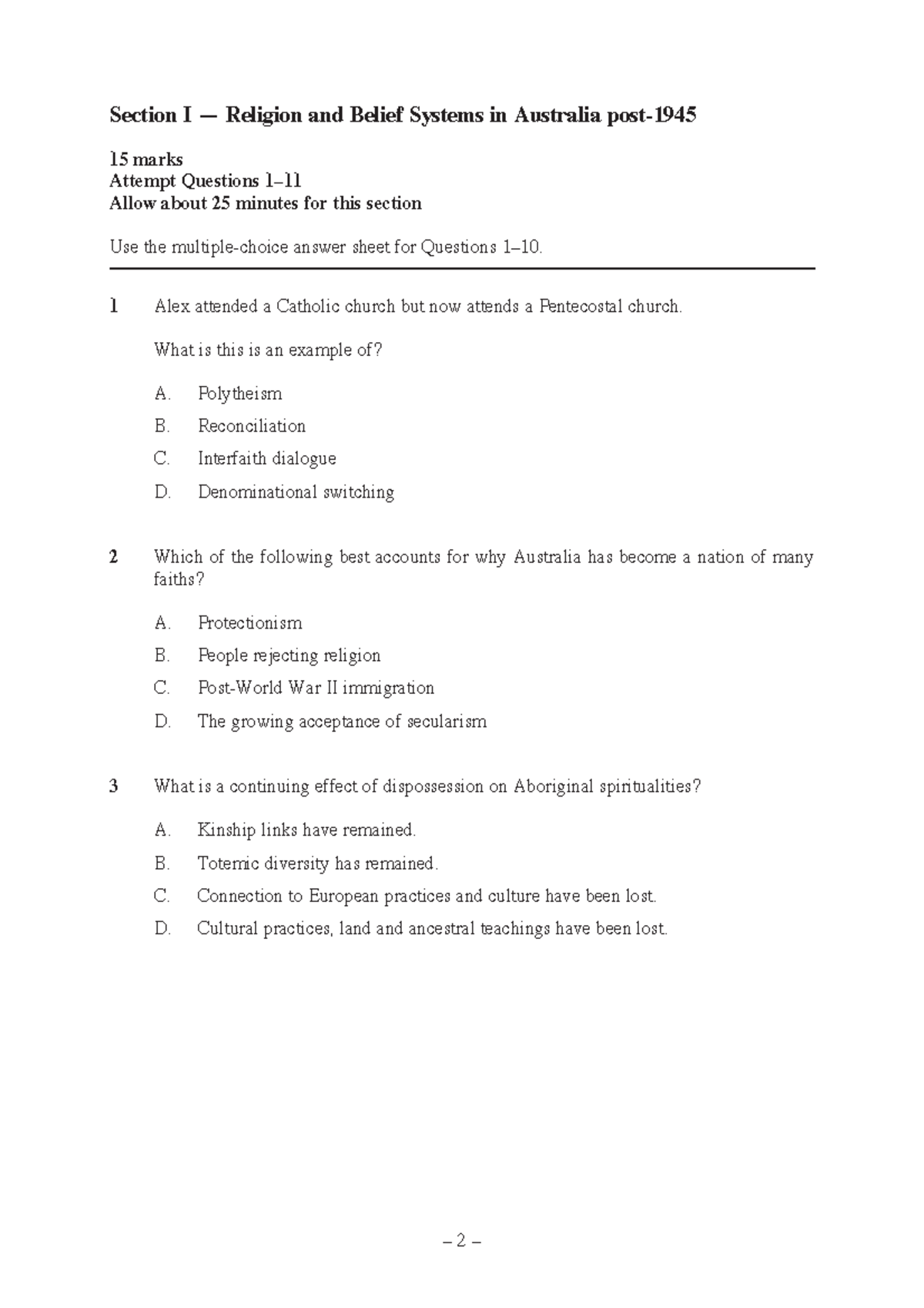 HSC Studies of Religion I Exam - Section I & II Past Paper - Studocu
