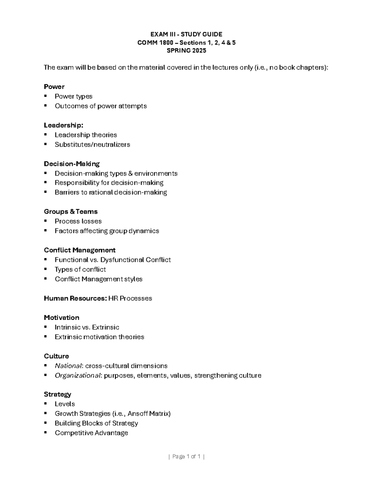 Exam III Study Guide & Guidelines for COMM 1800 Sections 1, 2, 4, 5 ...