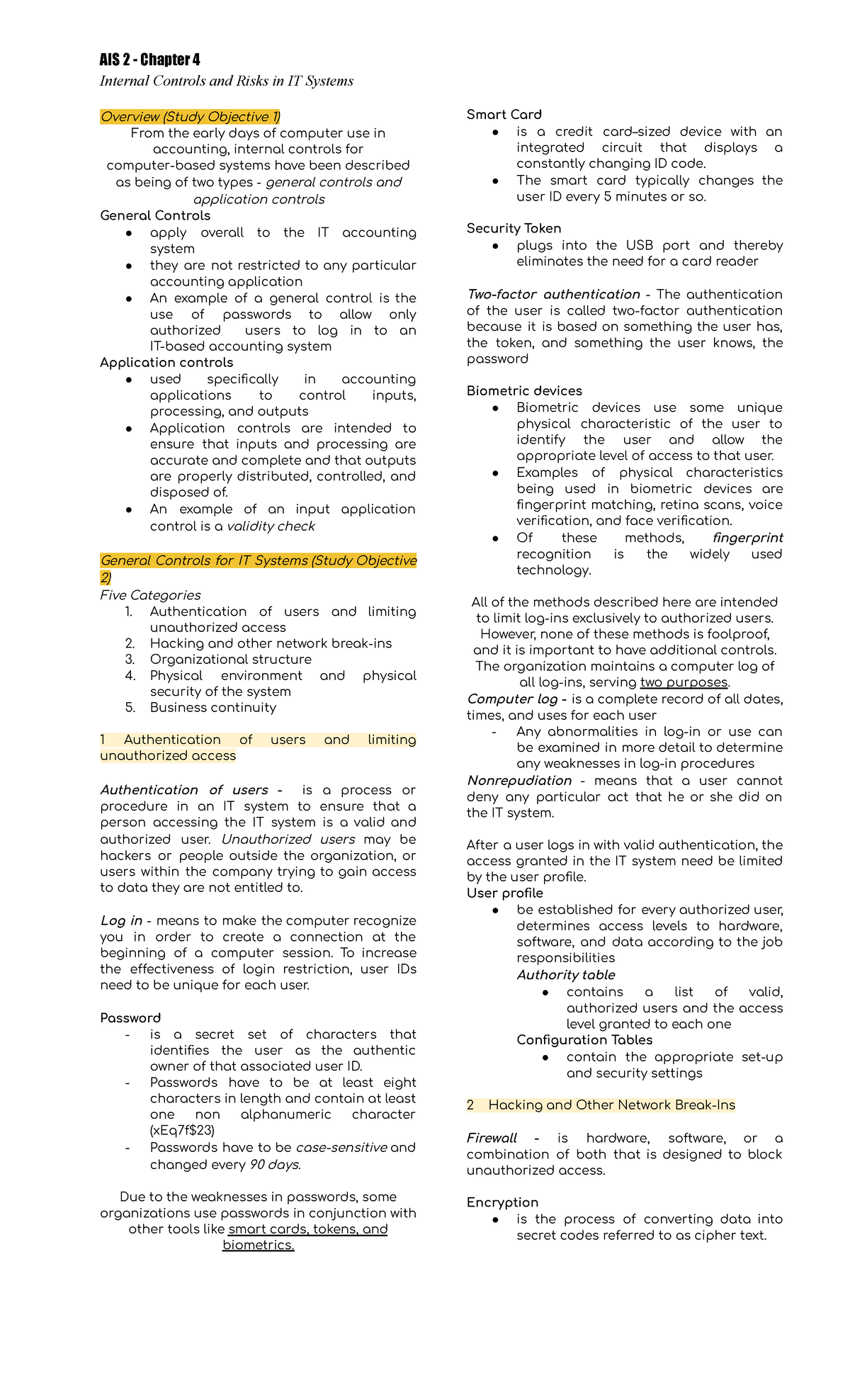 Chapter 4-AIS 2 - Examining Internal Controls and Risks in IT Systems - Studocu