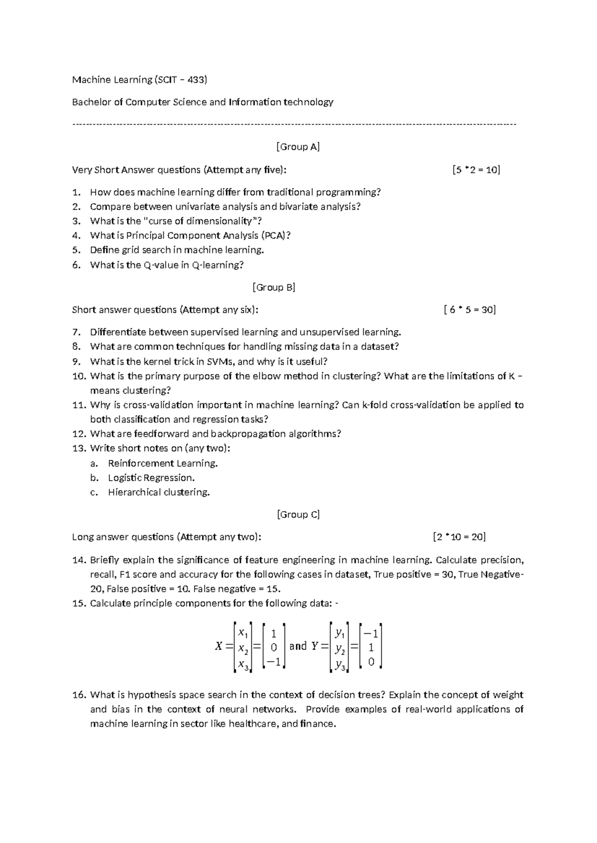 Machine Learning Exam Questions - SCIT 433 Guide - Studocu