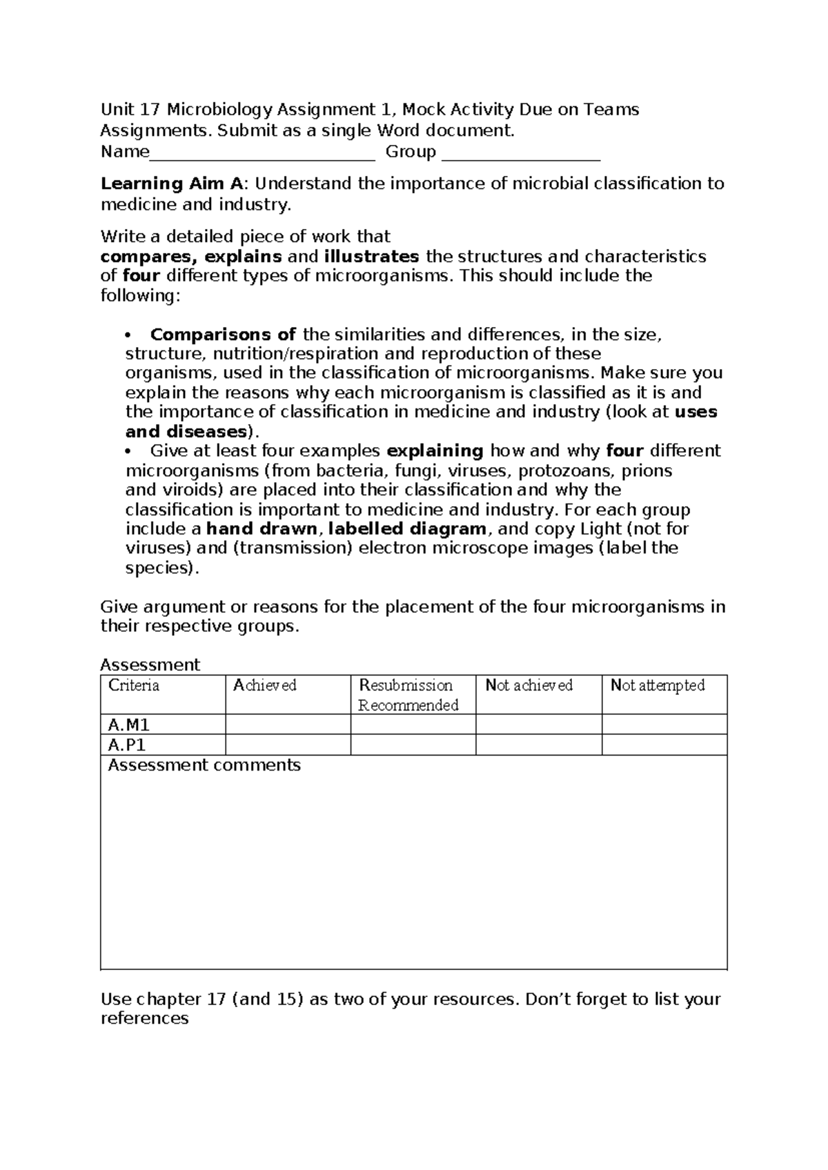 Unit 17 Microbiology Assignment 1: Microbial Classification Analysis - Studocu