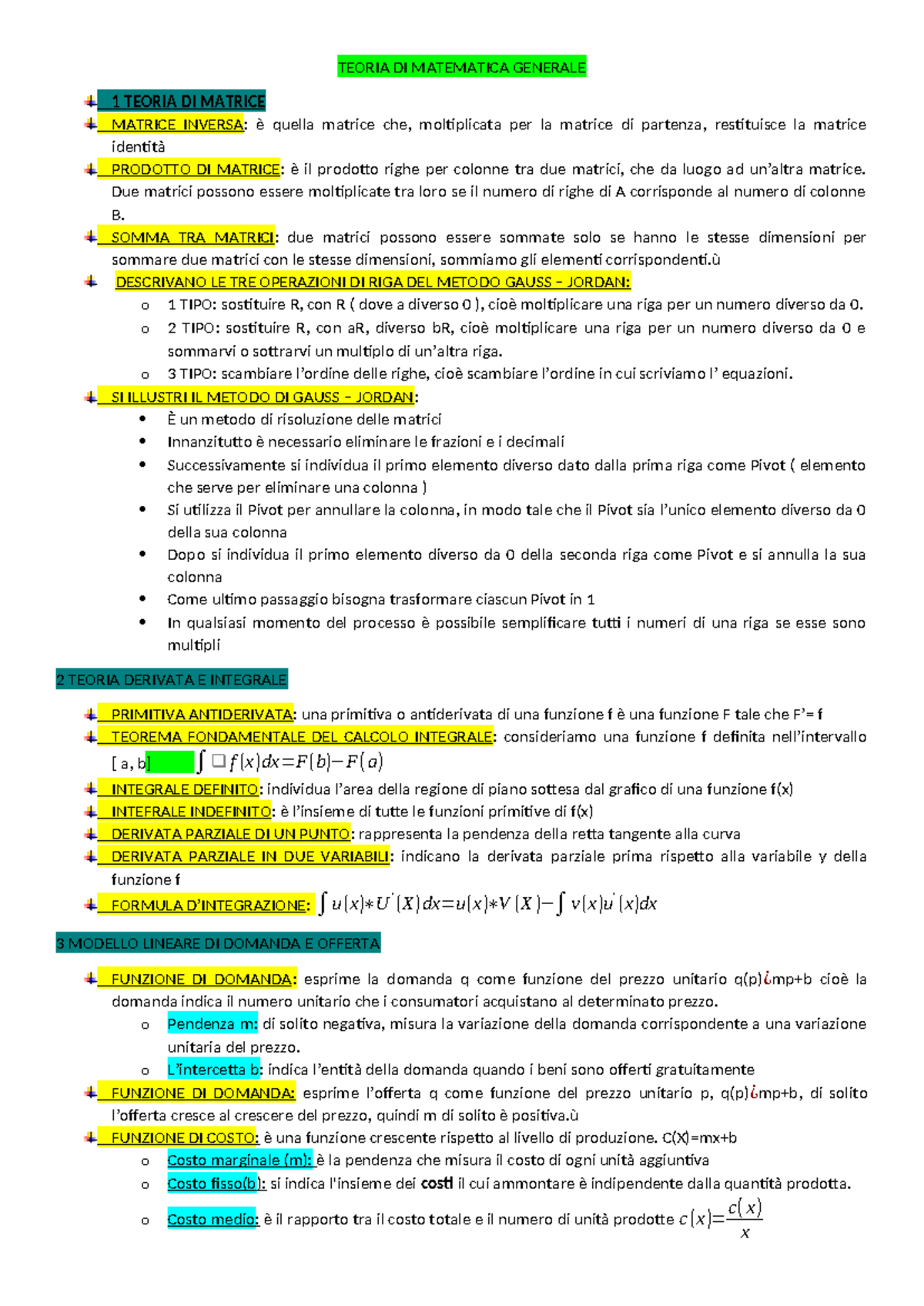 Teoria di Matematica Generale 1: Operazioni su Matrici e Derivate - Studocu