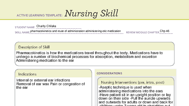 ACTIVE LEARNING TEMPLATE: Nursing Skill Ch 46 - Administering Otic Meds - Studocu
