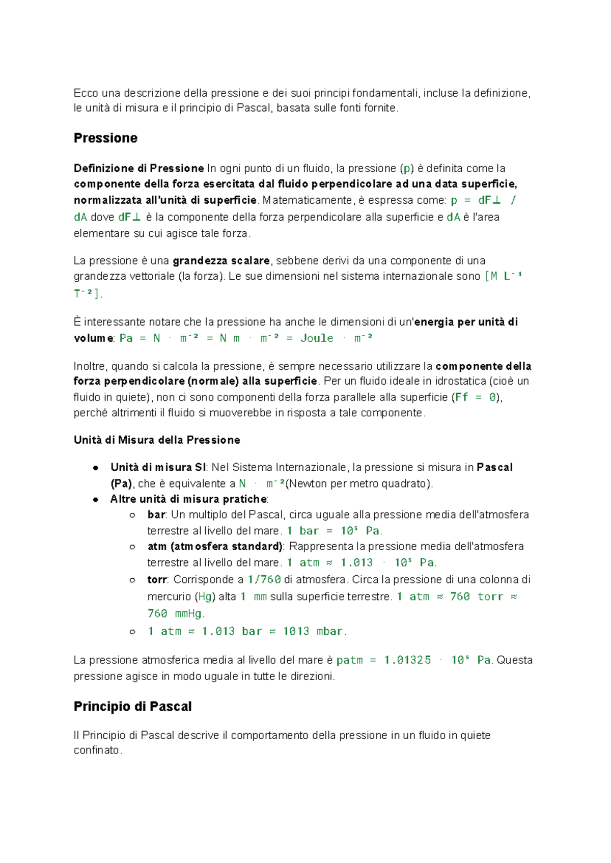 Fluidi - Descrizione della Pressione e Principi Fondamentali - Studocu