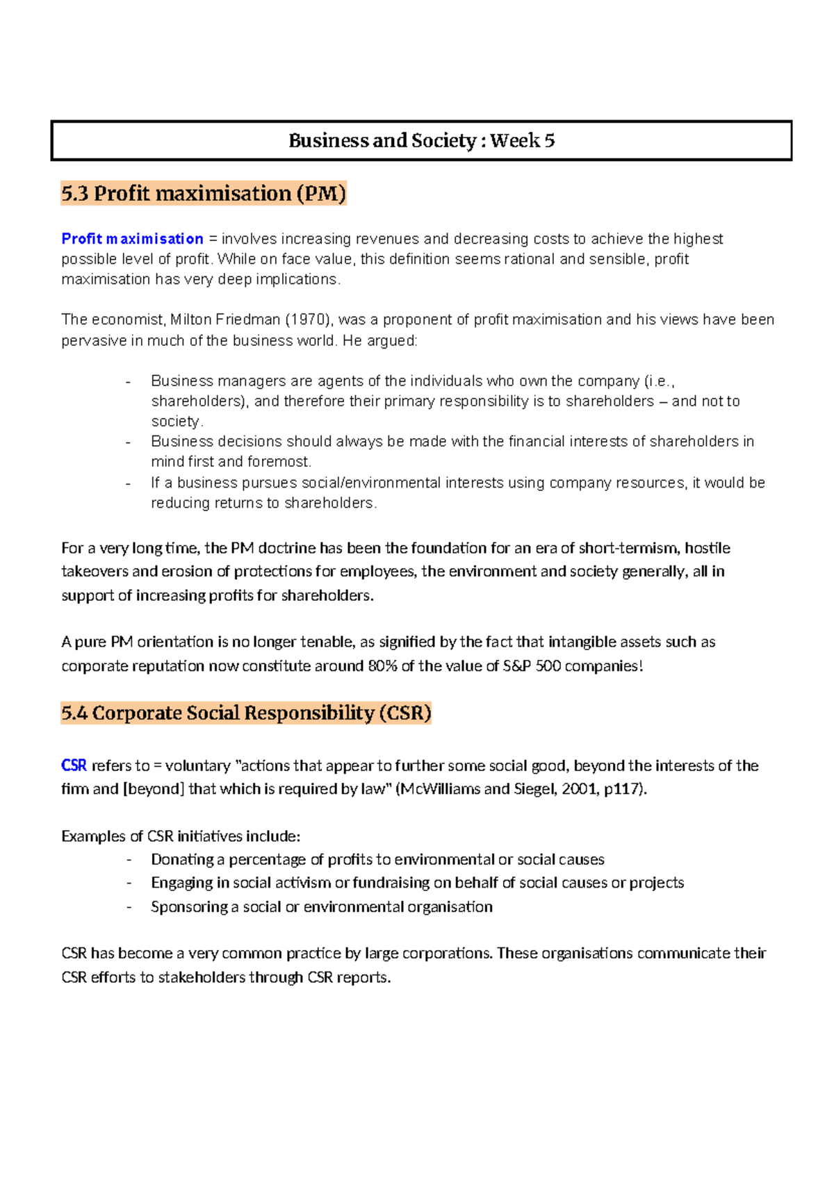 Business and Society: Week 5 - Profit Maximization, CSR, and CSV ...