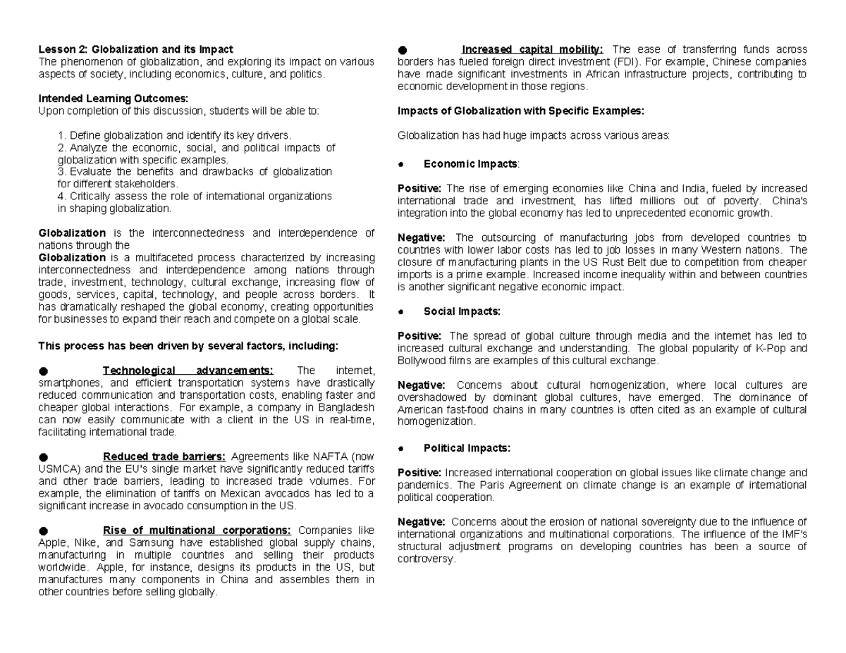 Lesson 2-IBT - Lesson 2: Globalization and its Impact The phenomenon of globalization, and ...