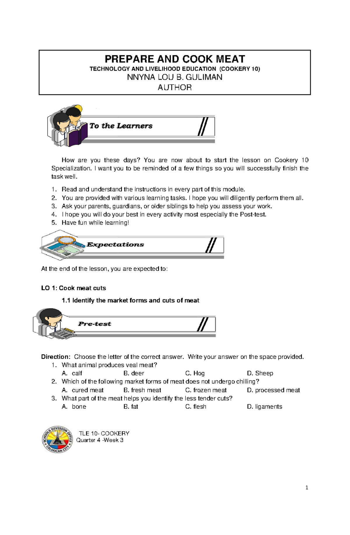 Quarter 4 - Week 3 TLE-Cookery Grade 10 Learning Module - Studocu