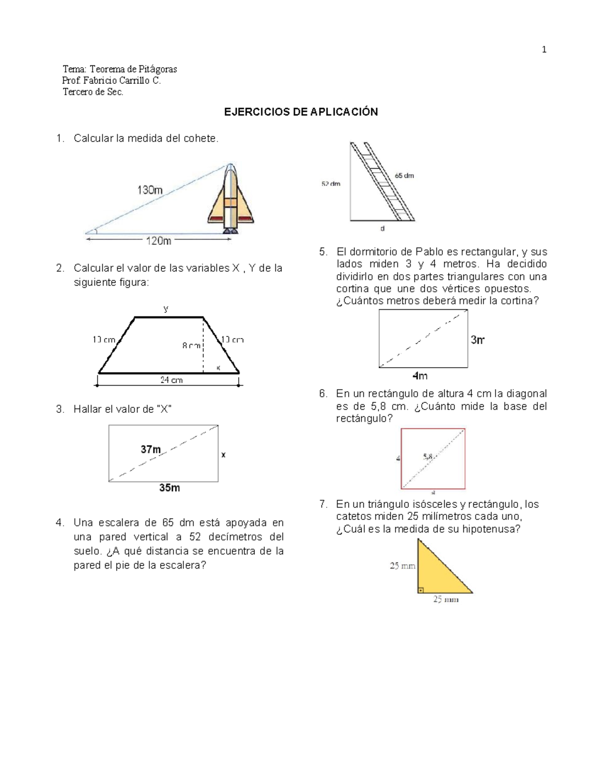 Ejercicios de Aplicación del Teorema de Pitágoras - 3er Sec. - Studocu