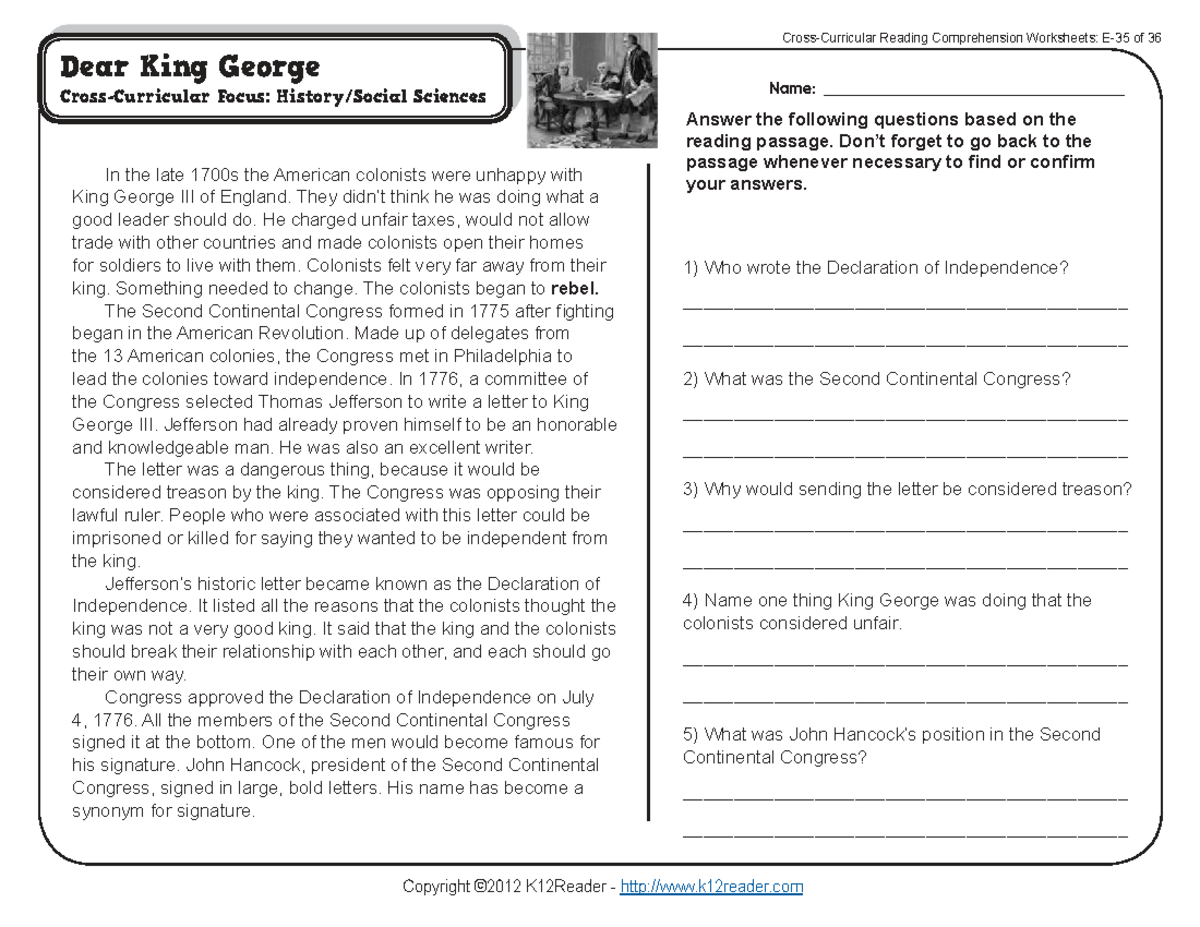 Gr5 Wk35 Reading Comprehension: Dear King George - Studocu