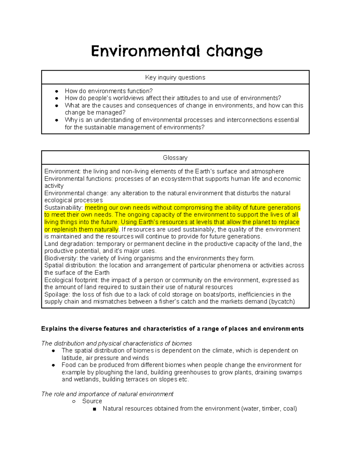 ENV 101 Environmental Change: Key Concepts and Impacts Summary Notes ...