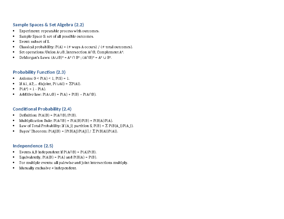 Probability Cheat Sheet (2.2) - Sample Spaces & Set Algebra - Studocu