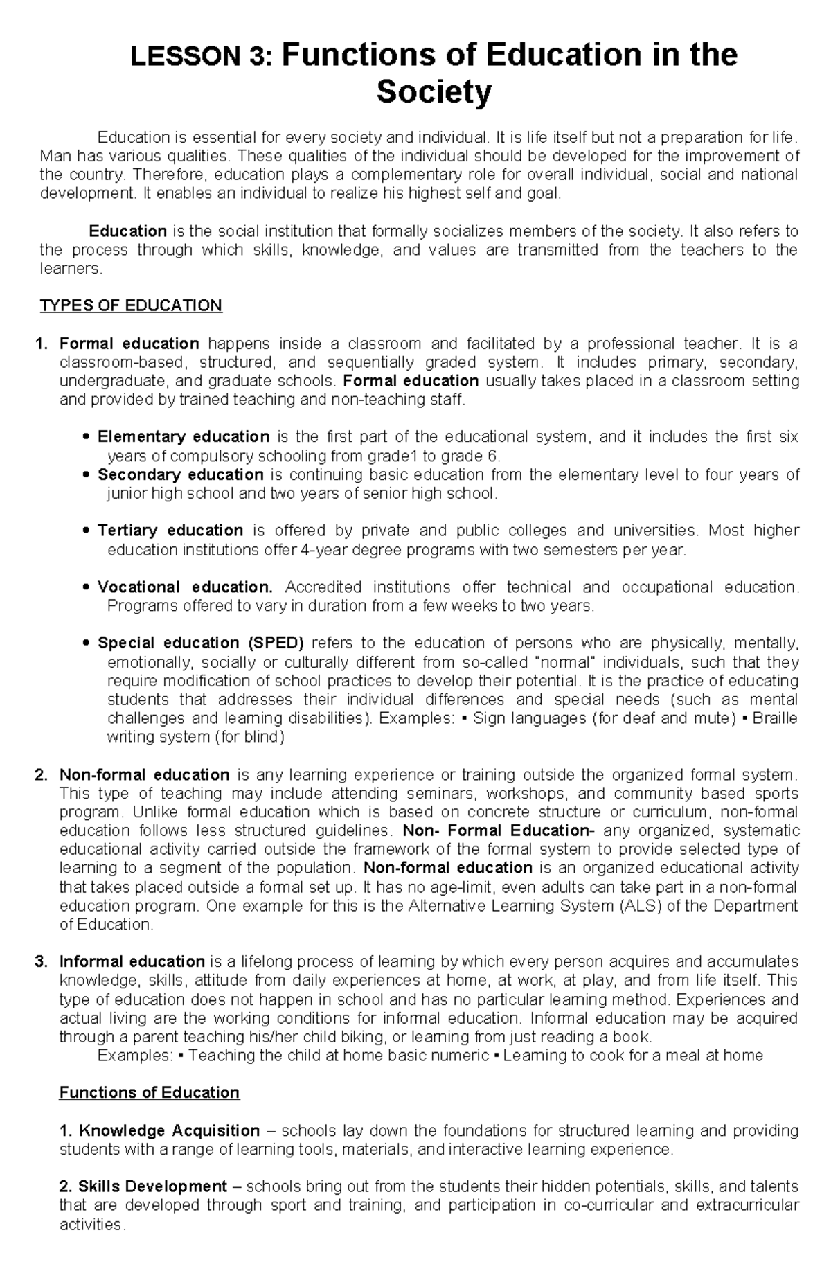 2nd Quarter Lesson 3: Functions of Education in Society - Studocu