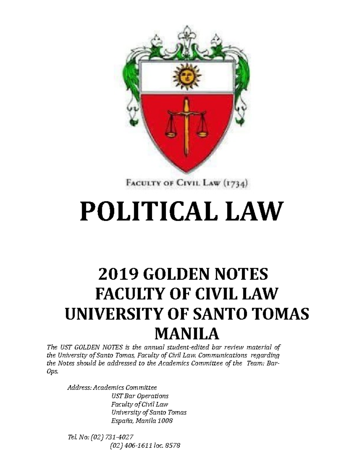 Golden Notes: 2019 Political Law Review - UST Civil Law - Studocu