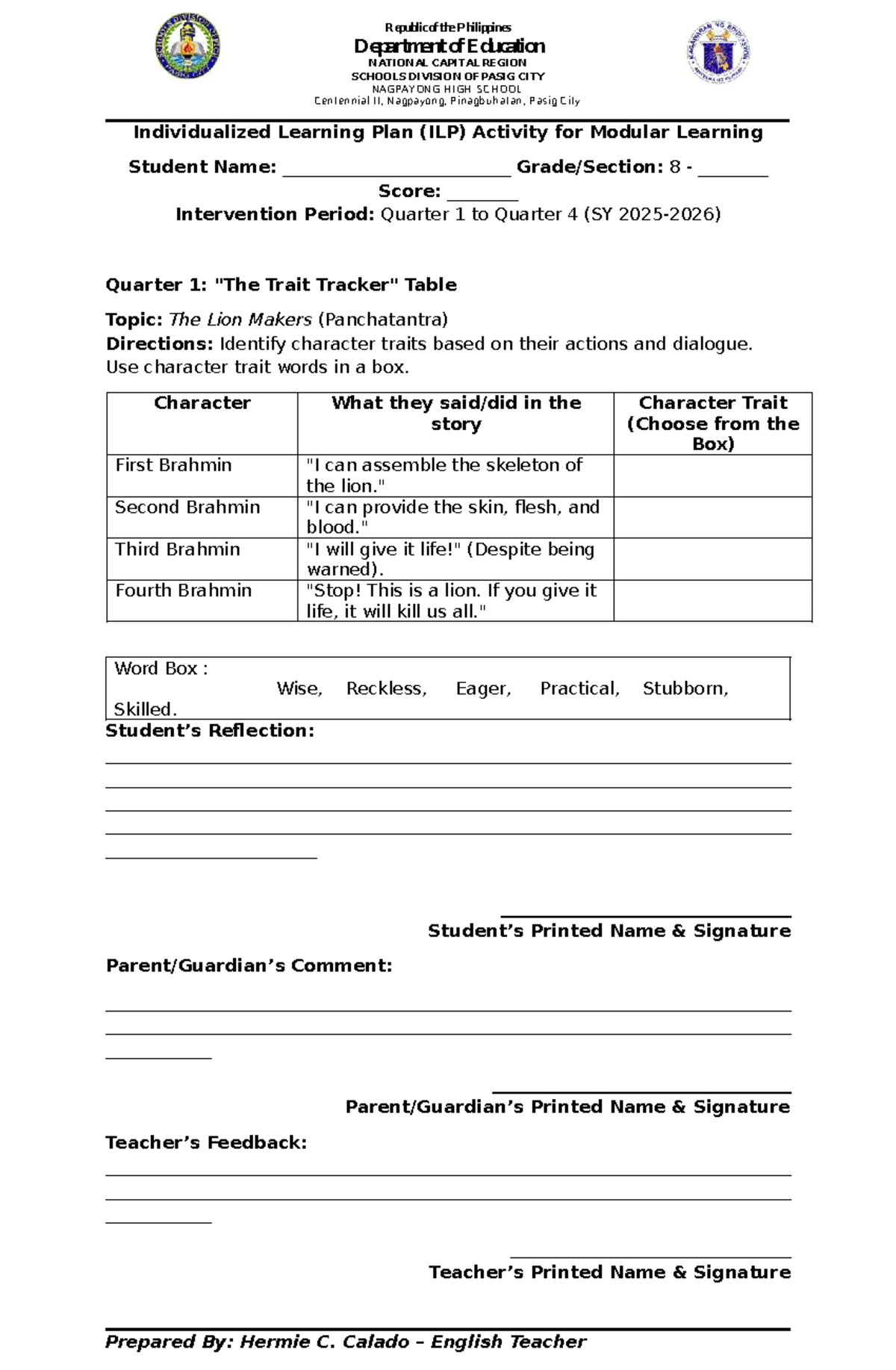 Individualized Learning Plan (ILP) Remedial Activity for English 8 ...