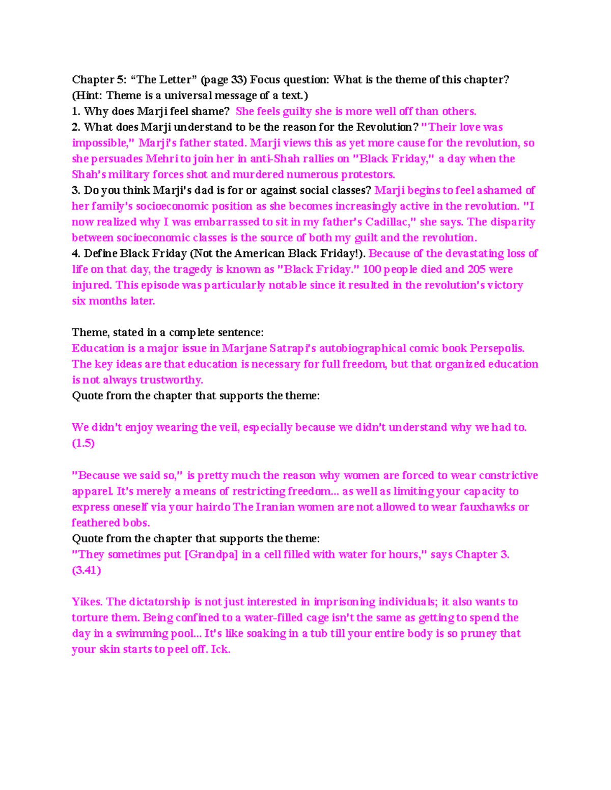 Persepolis Guided Questions & Analysis for Chapters 5-18 - Studocu