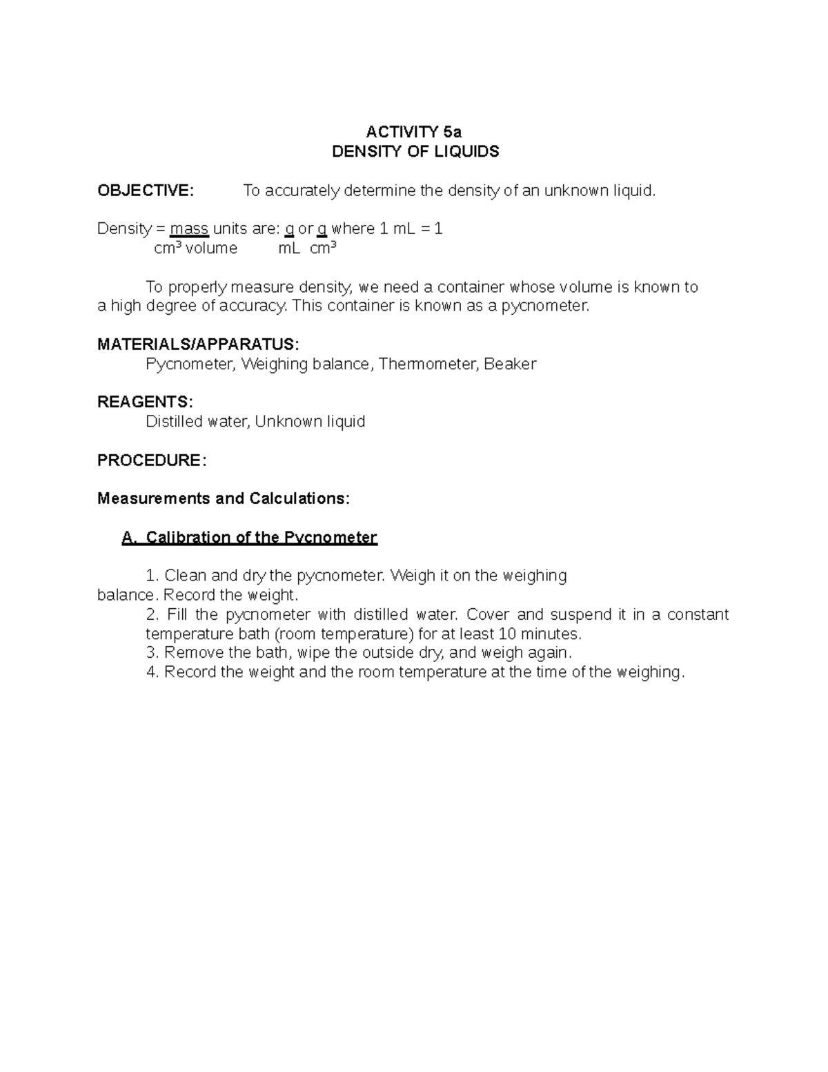 Lab Activity 5: Determining Density and Specific Gravity of Liquids - Studocu