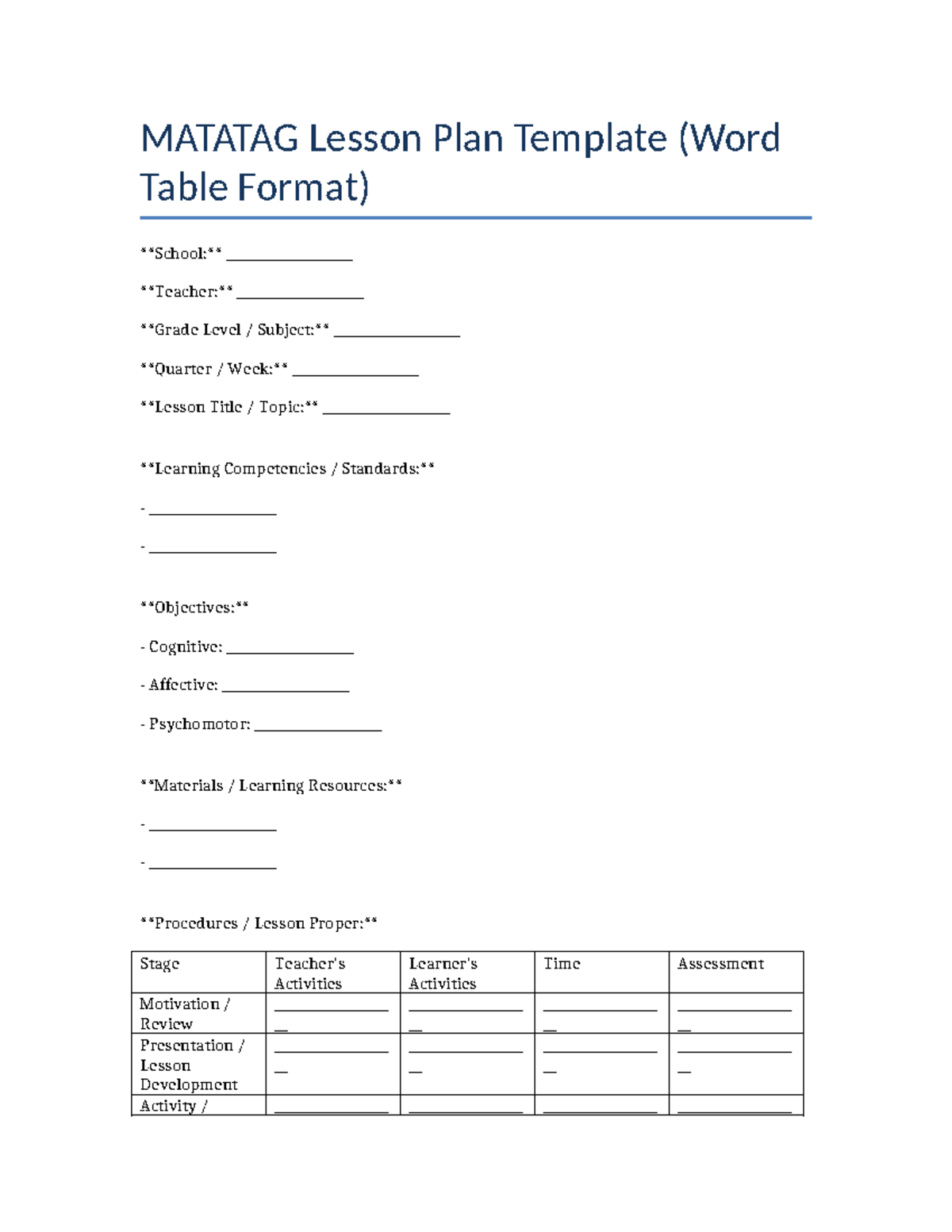 Matatag Lesson Plan Template-1 - MATATAG Lesson Plan Template (Word ...