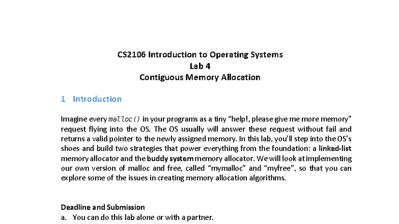 CS2106 Lab 4: Contiguous Memory Allocation & Memory Management - Studocu