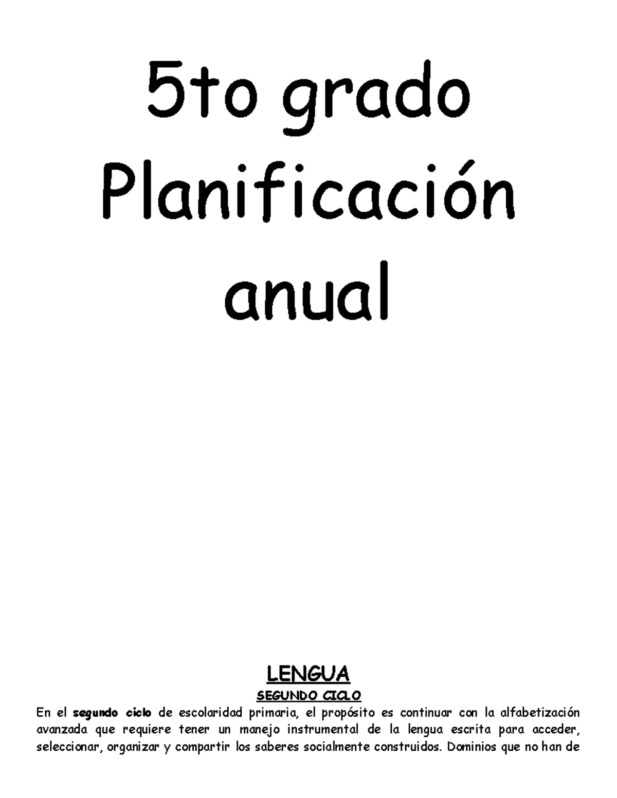 Planificación Anual 5to Grado: Lengua y Ciencias Sociales Segundo Ciclo ...