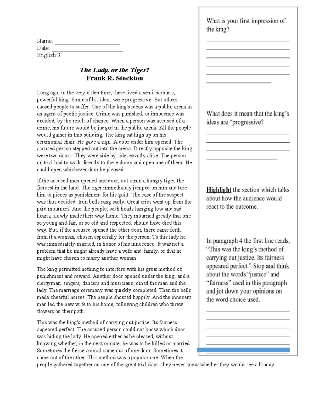 English 3: Analysis and Questions on "The Lady, or the Tiger?" - Studocu