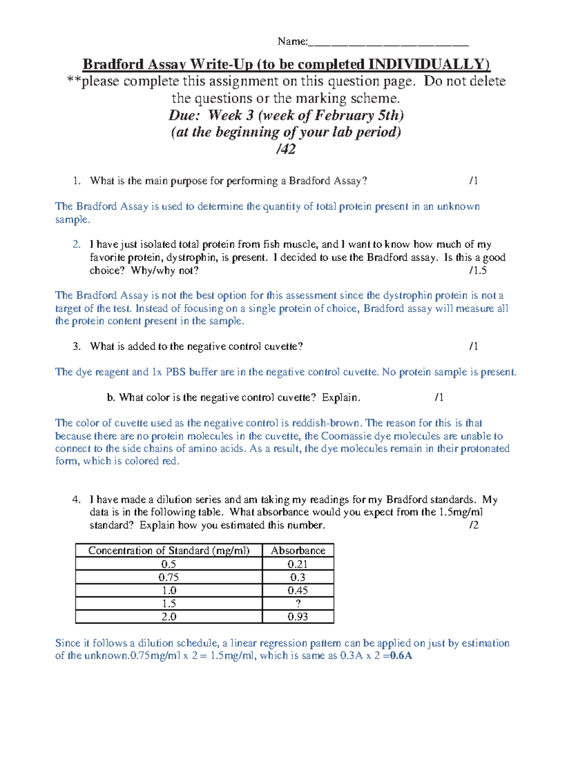 Protein Quantification Lab Assignment - Bradford Assay Write-Up (to be completed INDIVIDUALLY ...
