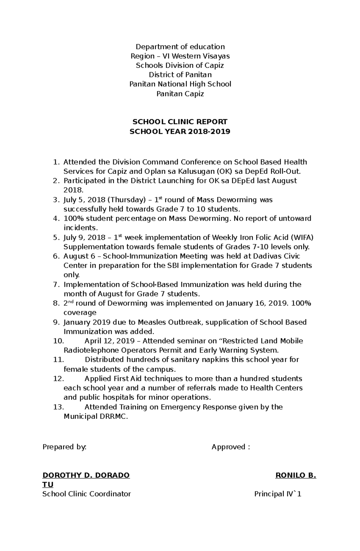 School clinic report sy 2018-2019 - Department of education Region – VI ...