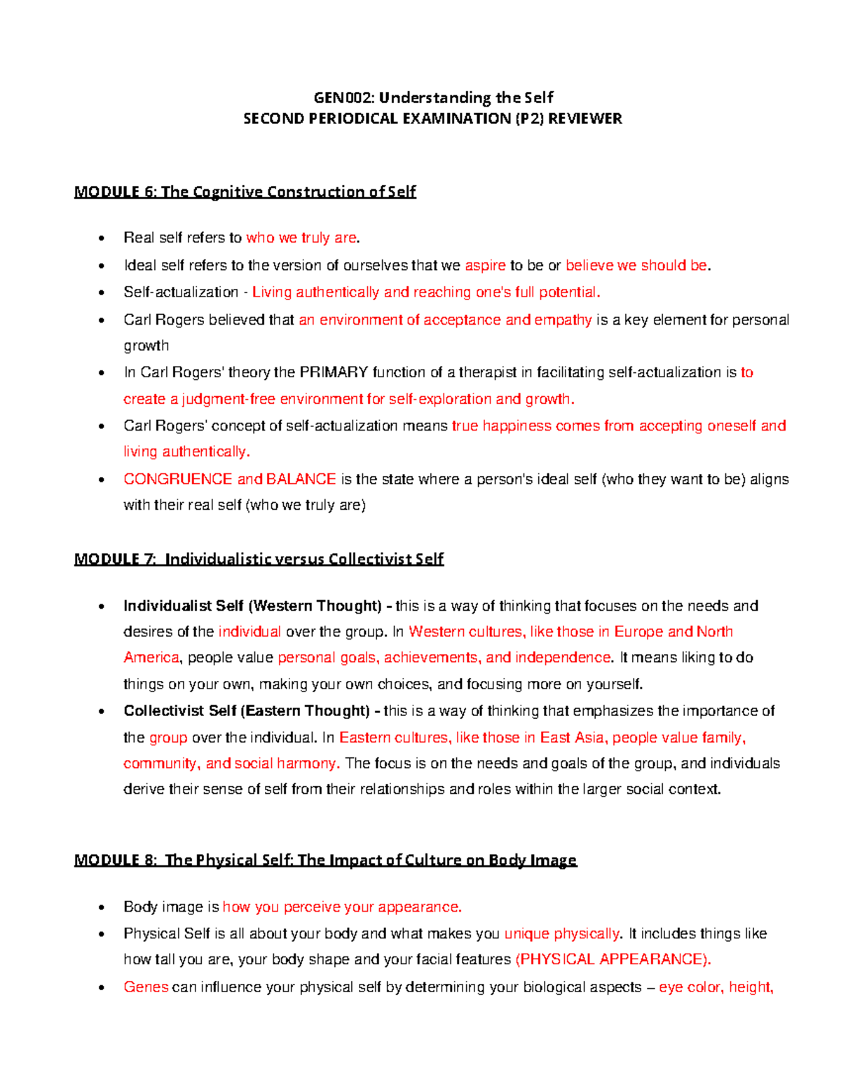 GEN002: Understanding the Self P2 Exam Reviewer - Modules 6-11 - Studocu