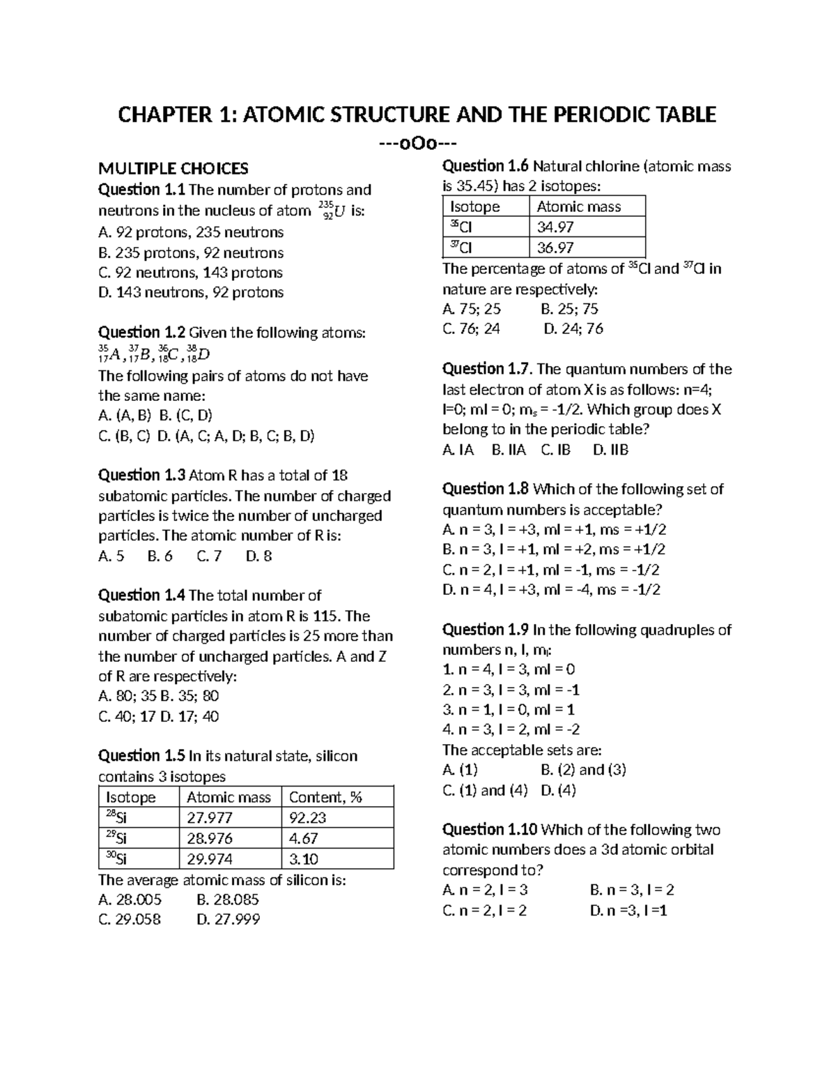 CHAPTER 1: ATOMIC STRUCTURE & PERIODIC TABLE PRACTICE QUESTIONS - Studocu