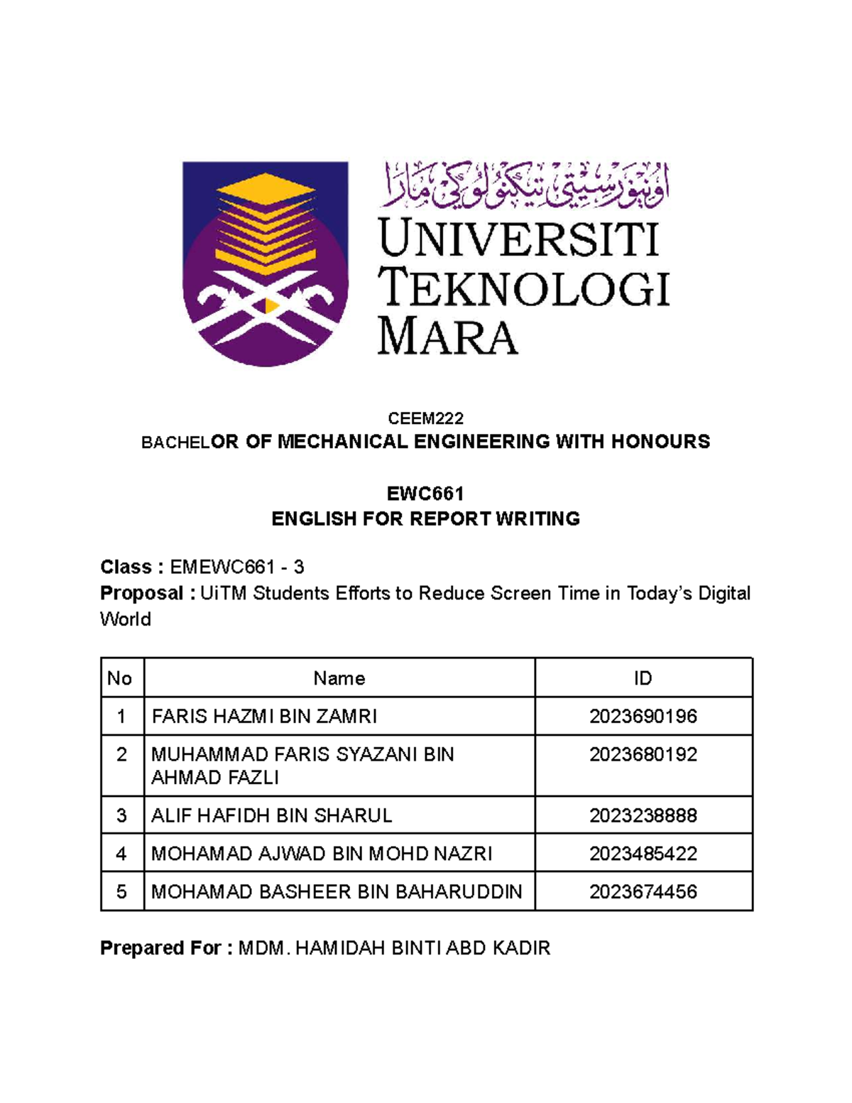 EWC661 Proposal: UiTM Students' Strategies to Reduce Screen Time - Studocu