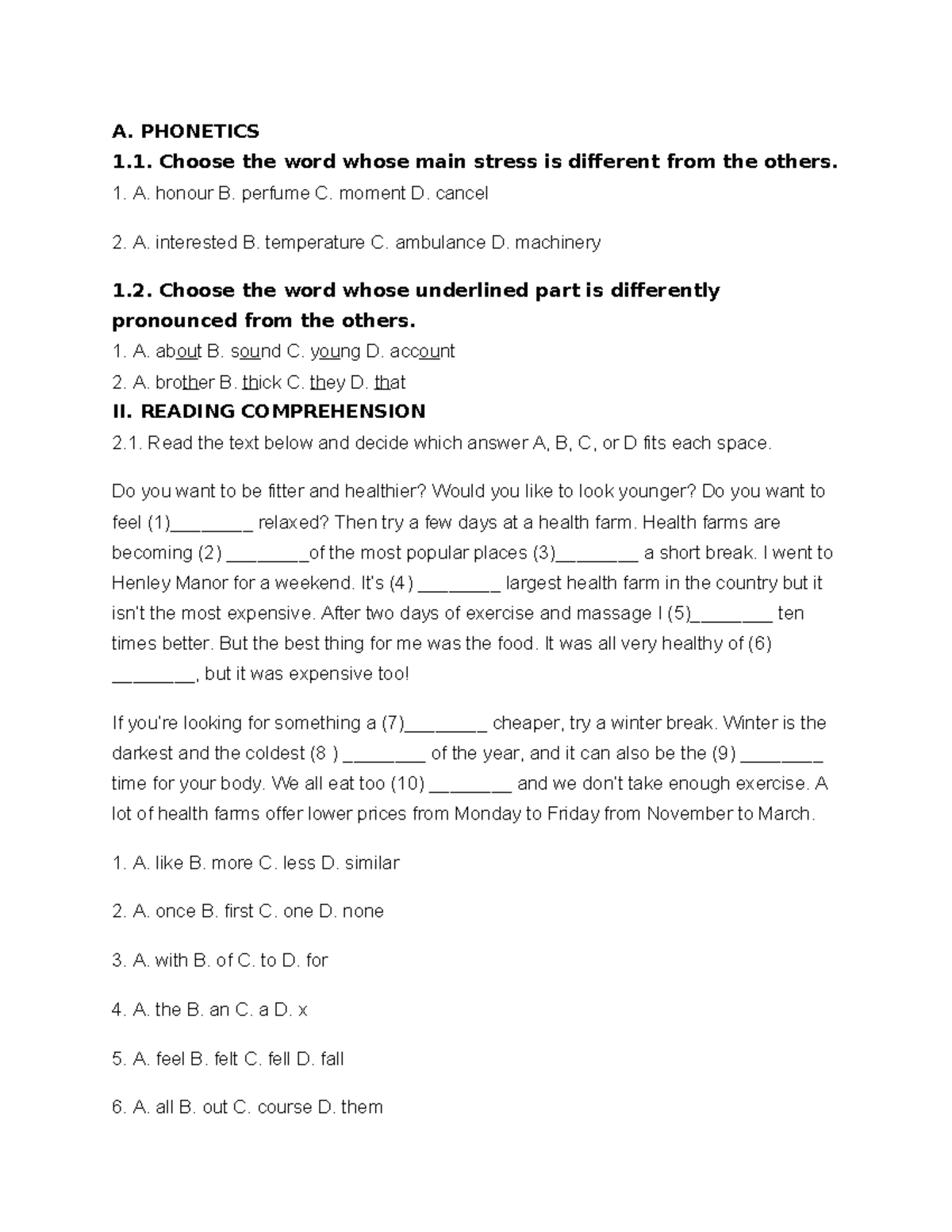 A. PHONETICS & READING COMPREHENSION TEST L8 - Studocu