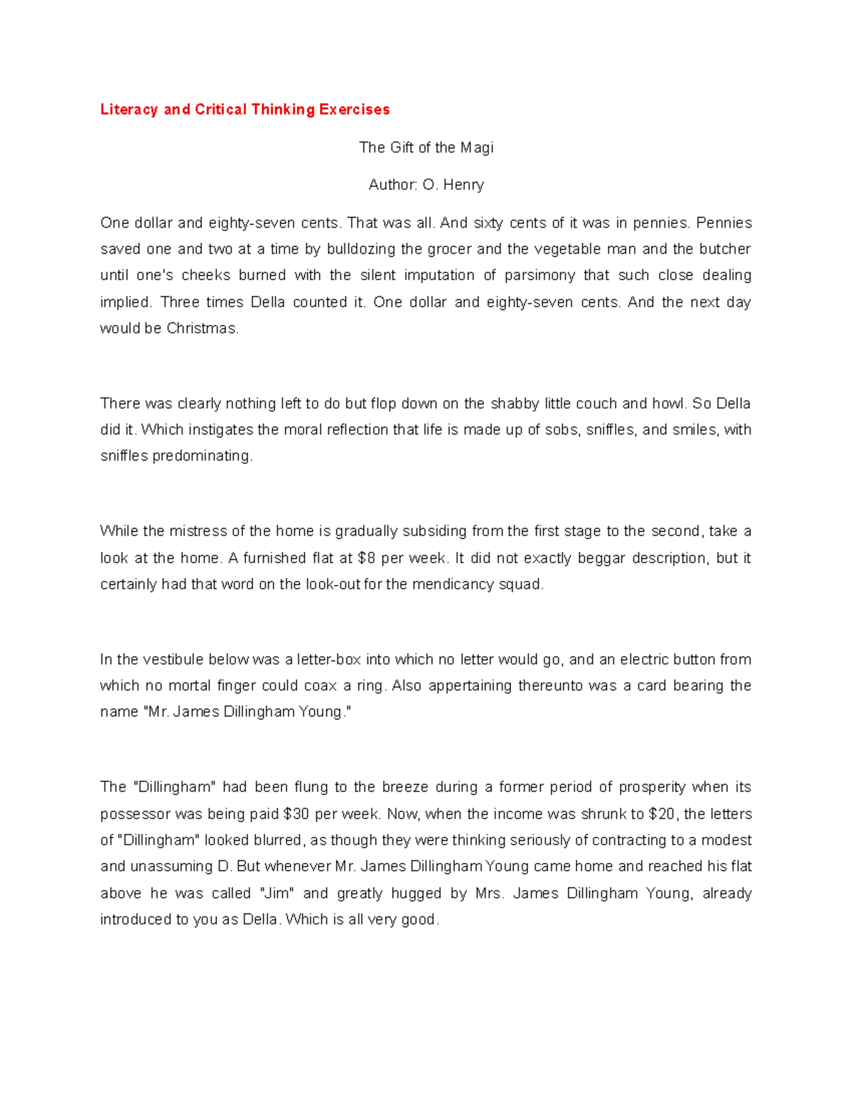 Literacy & Critical Thinking: Exercises on "The Gift of the Magi" - Studocu