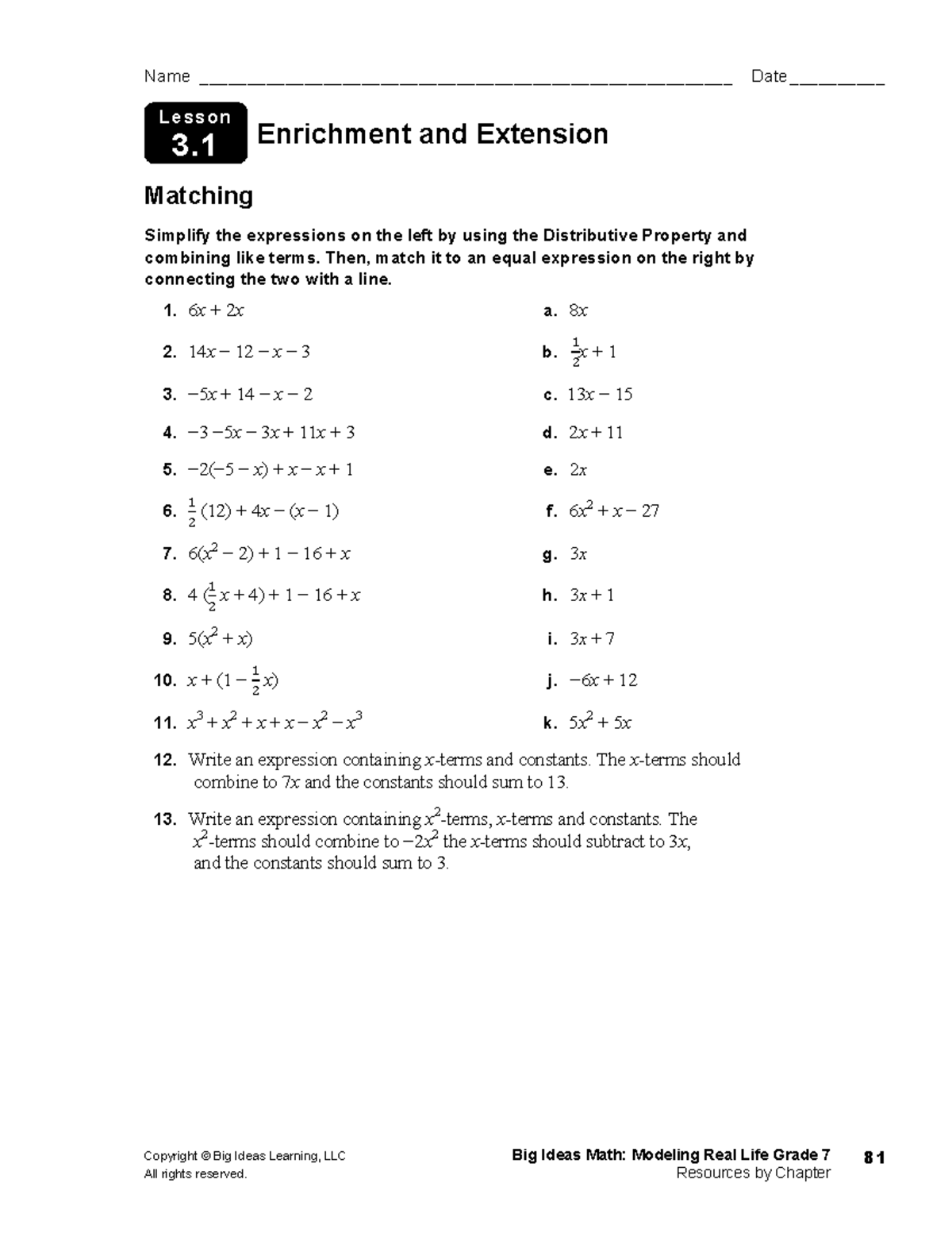 7th Grade - Unit 3 - Combining Like Terms Lesson Activities - Studocu