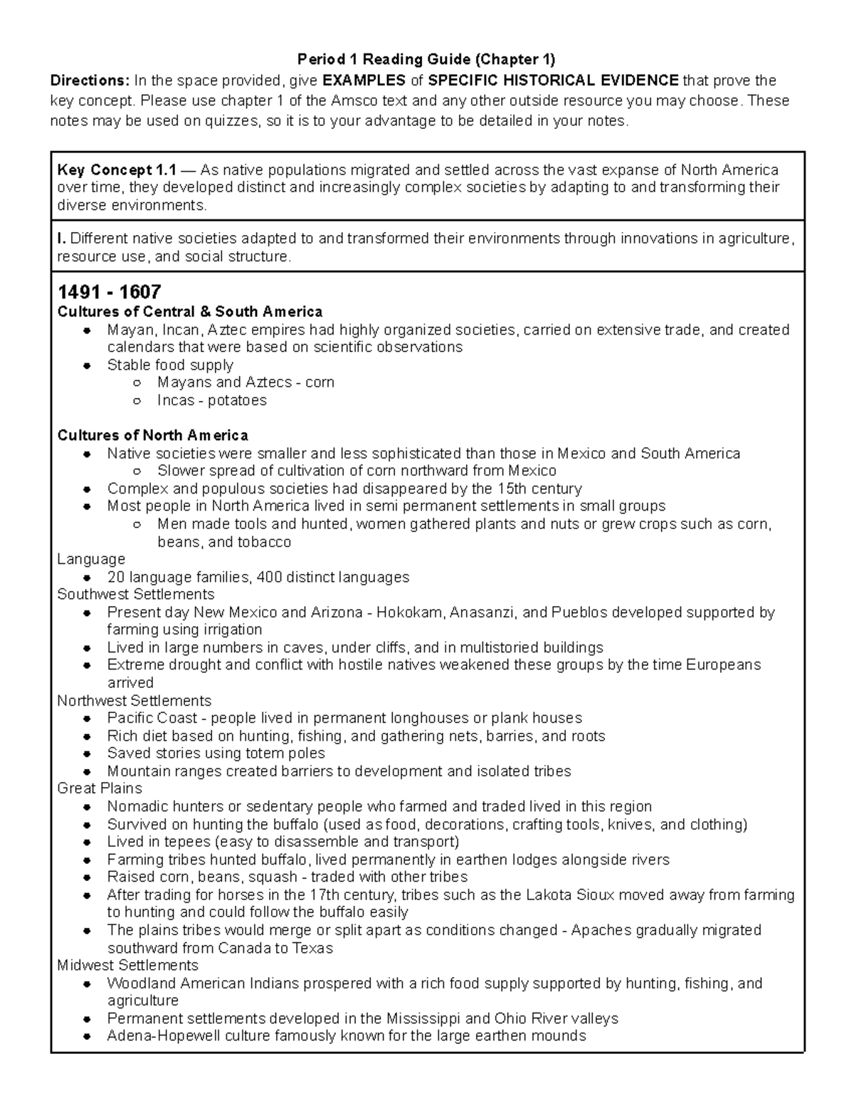 Period 1 Reading Guide: Key Concepts & Historical Evidence (Ch. 1 ...