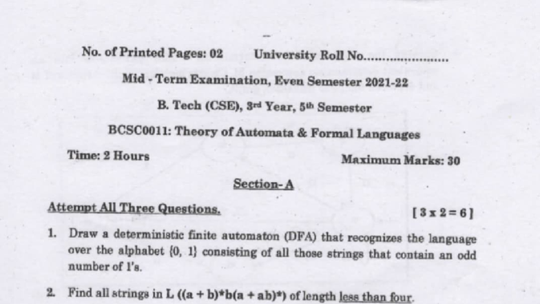 Midterm Exam B.Tech (CSE) BCSC0011: Theory of Automata PYQs - Studocu