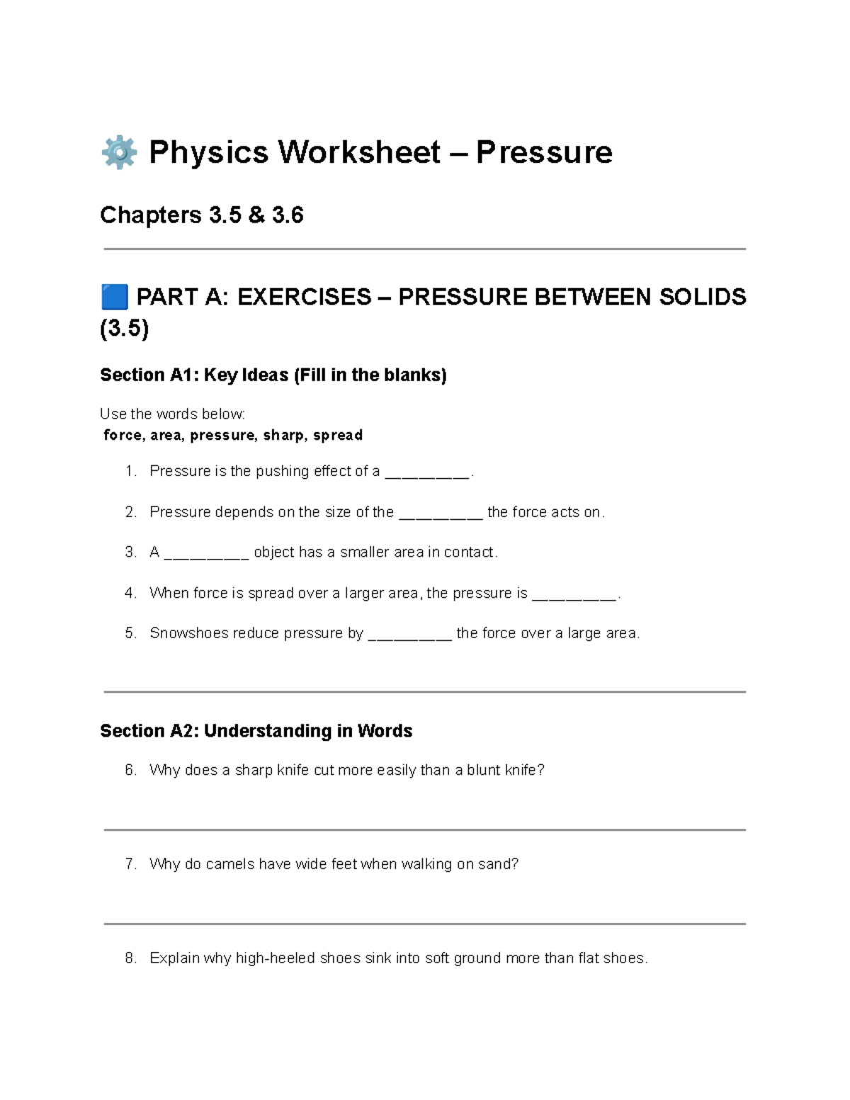 Physics Worksheet: Pressure Concepts & Exercises (Ch. 3.5-3.6) - Studocu
