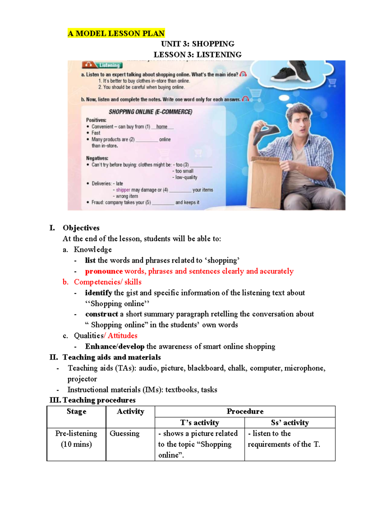 E10 Lesson Plan: Unit 3 - Online Shopping Listening Activities - Studocu