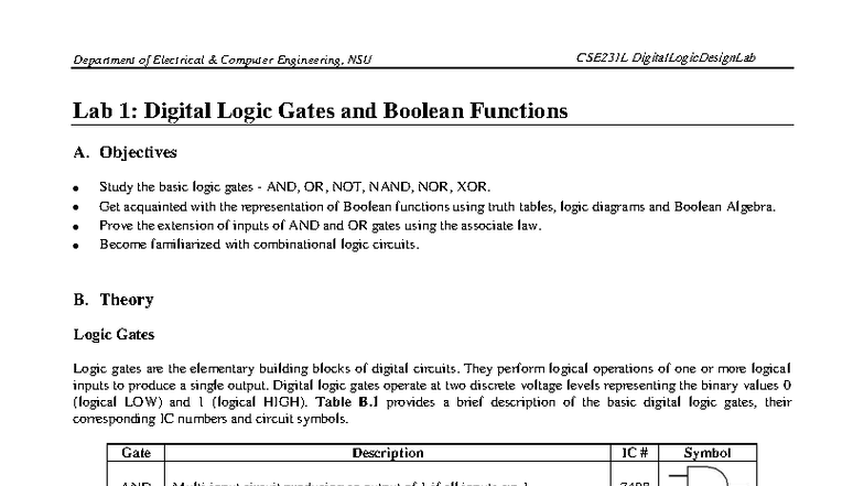 CSE231L Lab 1: Digital Logic Gates & Boolean Functions Overview - Studocu