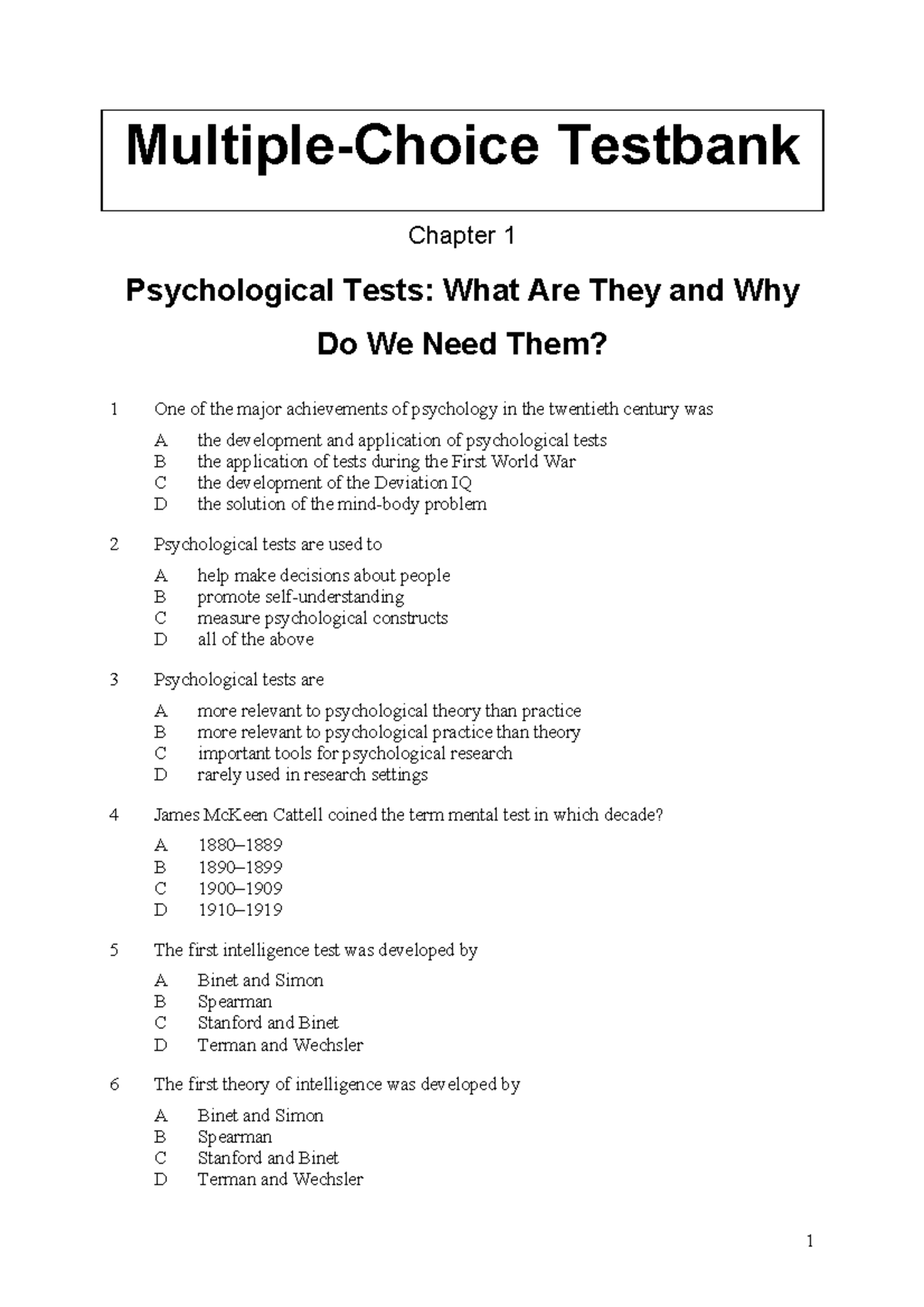 Psych Assessment Practice Test (PSY 101) - Multiple-Choice Questions ...