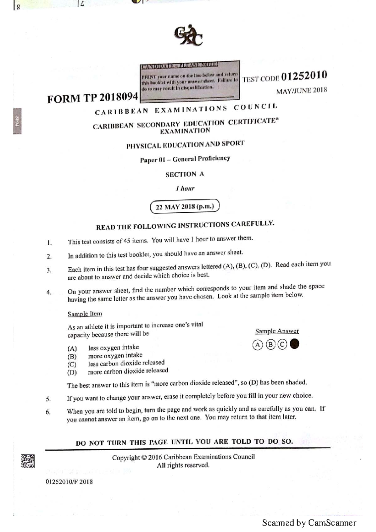 CSEC PES P1 2018: Physical Education & Sport Exam Paper 1 - Studocu