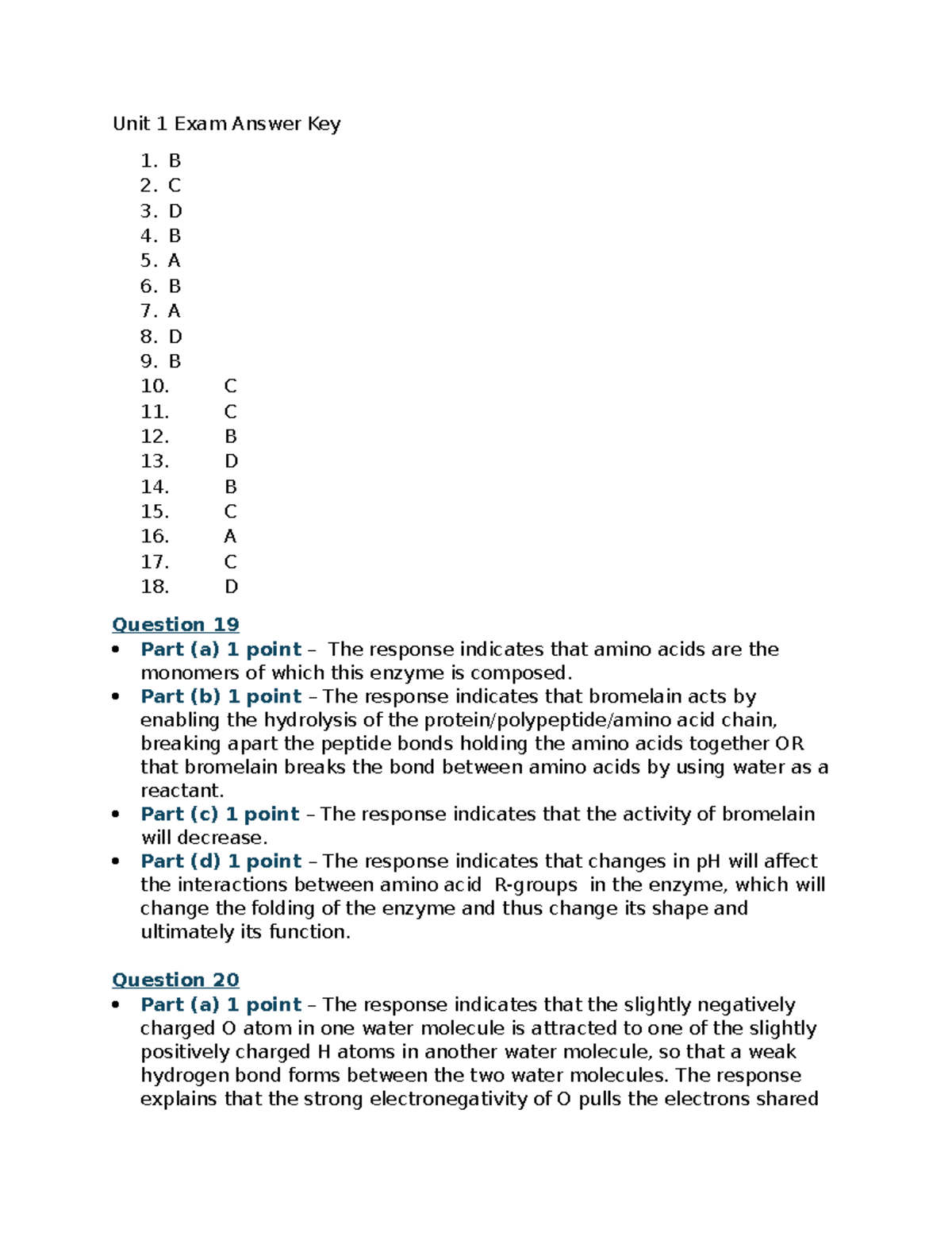 Unit 1 Exam Answer Key - n/a - Unit 1 Exam Answer Key 1. B 2. C 3. D 4 ...