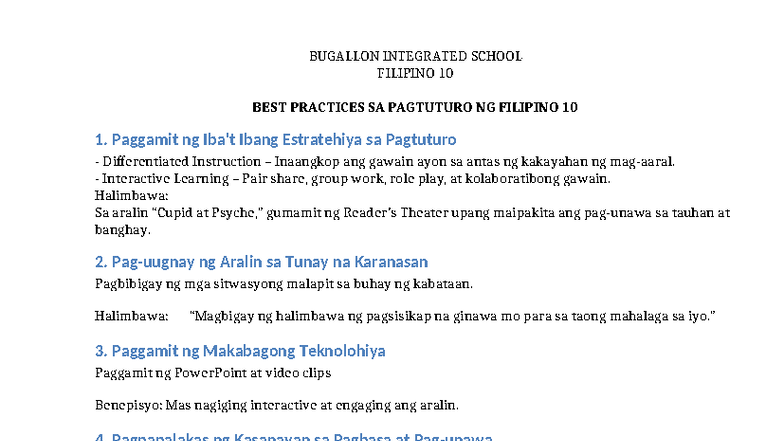 BEST Practices in Teaching Filipino 10: Strategies and Insights - Studocu